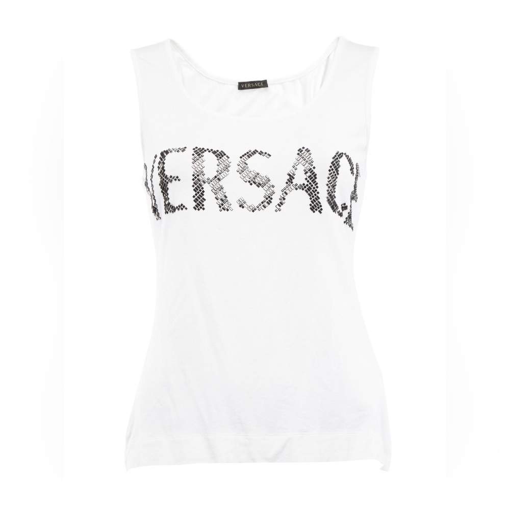 Versace White Versace Embellished Logo Cotton Tank To… - Gem